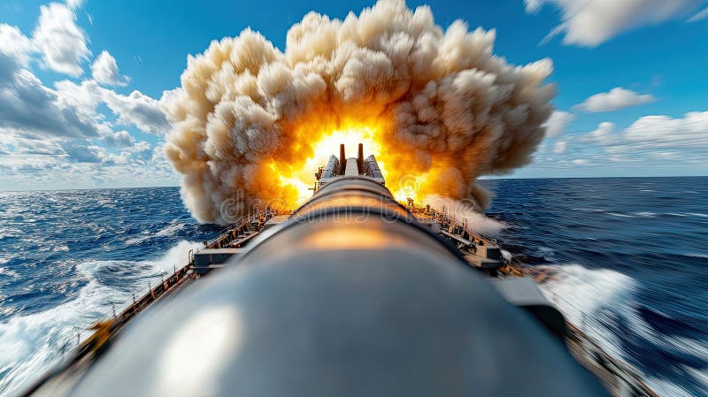 Dramatic Missile Launch from Naval Vessel with Explosive Fireball Stock ...