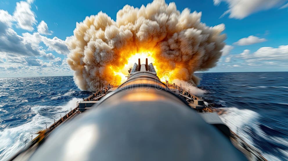 Dramatic Missile Launch from Naval Vessel with Explosive Fireball Stock ...
