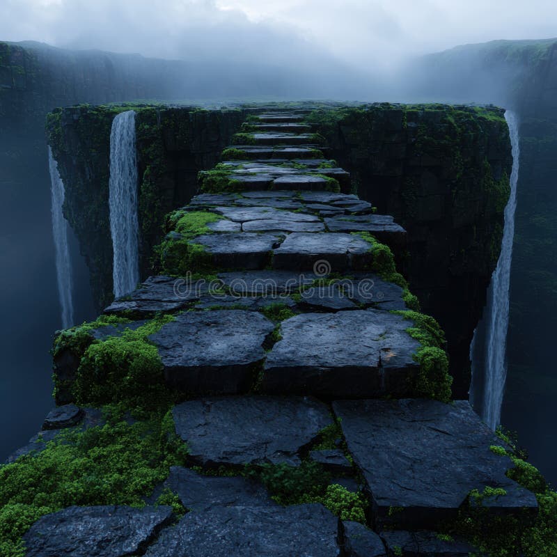 Dramatic Misty Waterfall Landscape with Moss-covered Stone Steps Stock ...