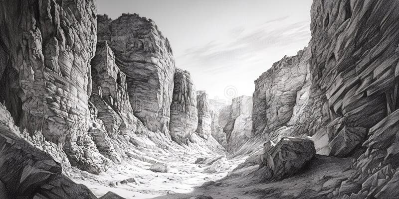Dramatic Monochrome Canyon Landscape Drawing Cliffside Rock Formations ...