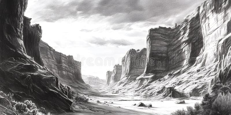 Dramatic Monochrome Canyon Landscape Drawing Rugged Cliffs River Desert ...