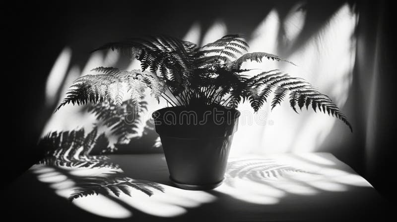 Dramatic Monochrome Fern in Pot with Sunlight Shadows Stock ...
