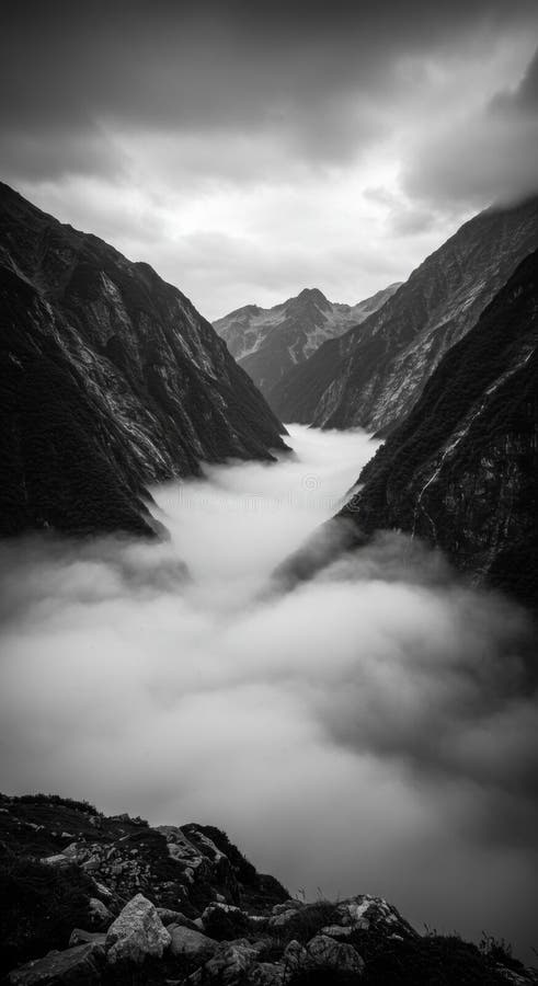 Dramatic Monochrome Mountain Valley with Fog Stock Illustration ...