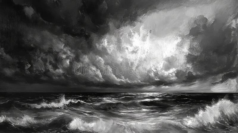 Dramatic Monochrome Seascape with Dark Clouds and Rolling Waves Stock ...