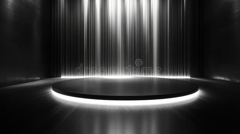 Dramatic Monochrome Stage with Glowing Platform and Vertical Light Rays ...