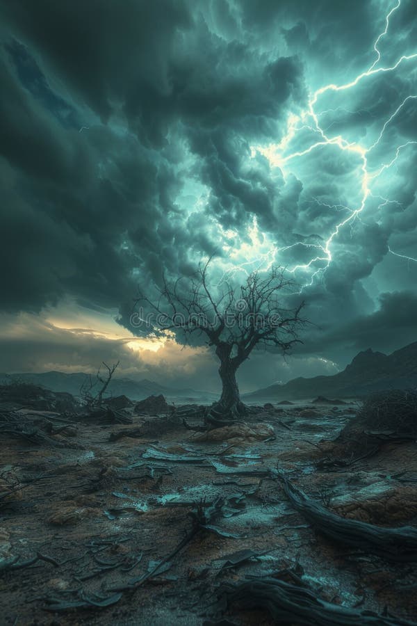 A Dramatic and Moody Landscape Featuring a Solitary Tree Standing Amid ...
