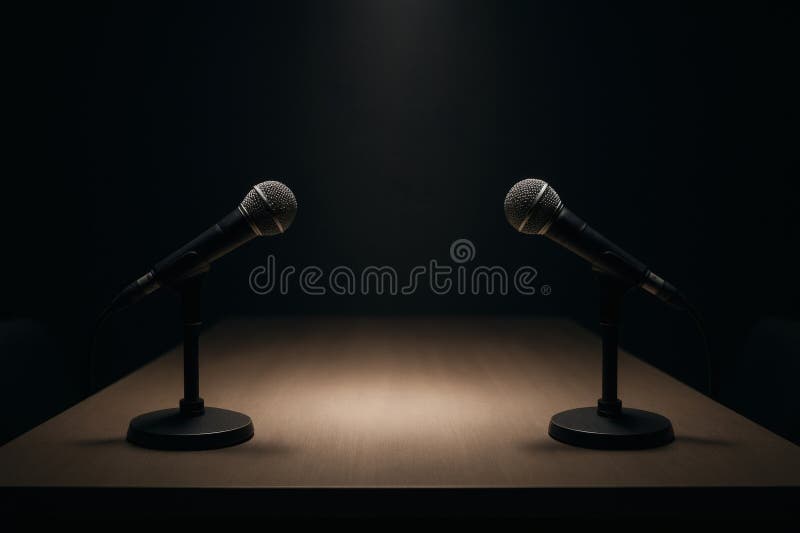 Podcast or Debate Concept - Two Microphones on Table in Dramatic ...
