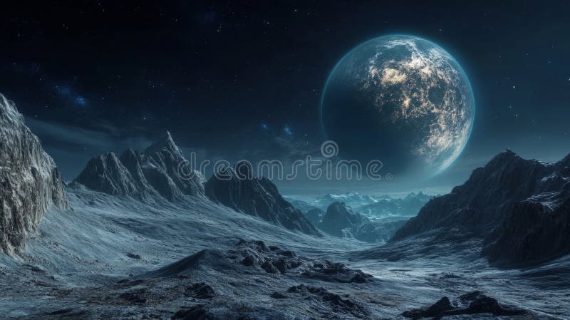 Dramatic Moon Landscape with Towering Mountains and Distant Earth Under ...