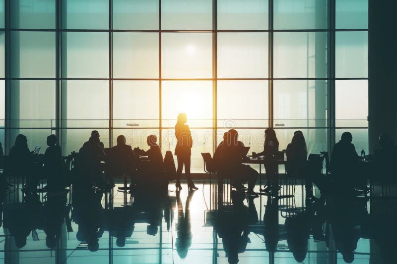 Dramatic Morning Meeting Silhouette, Urban Office Panorama. Stock Photo ...