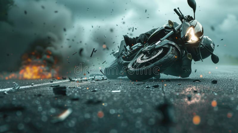 Dramatic Motorcycle Crash with Fire and Debris on the Road. Explosion ...