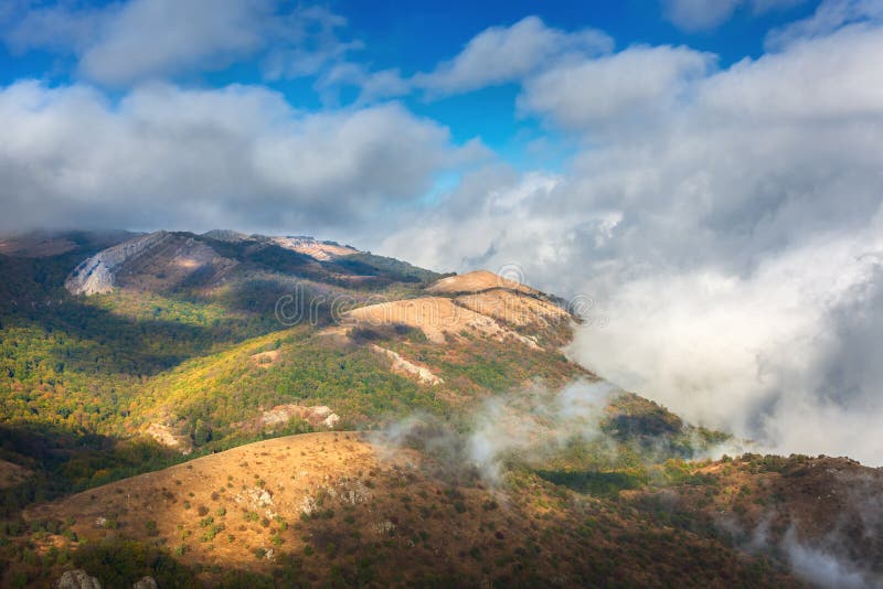 Dramatic Mountain Autumn Landscape at Sunset. Low Clouds Stock Image ...