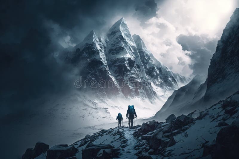 Dramatic Mountain with Clouds , Cold Temperature, Hikers, Cinematic ...