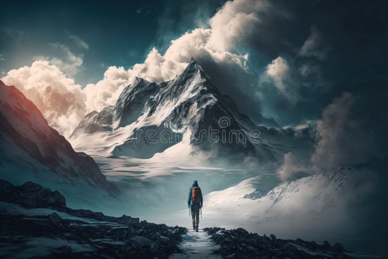 Dramatic Mountain with Clouds , Cold Temperature, Hikers, Cinematic ...