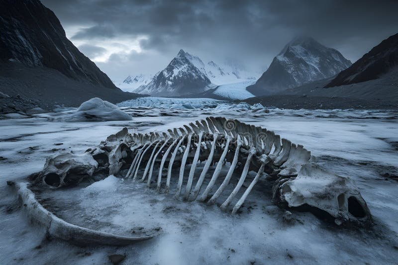 Dramatic Mountain Landscape with Animal Skeleton on Icy Terrain Stock ...