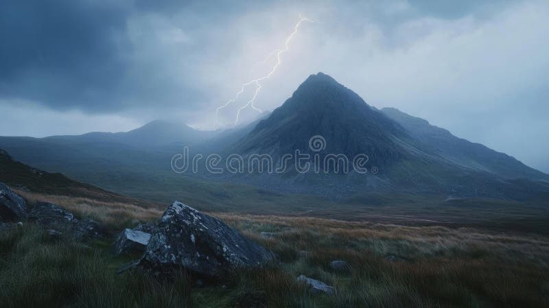 Dramatic Mountain Landscape with Lightning and Dark Clouds Stock ...