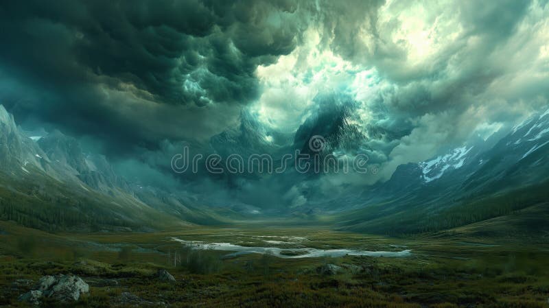 Dramatic Mountain Landscape Under Stormy Sky with Swirling Clouds and ...