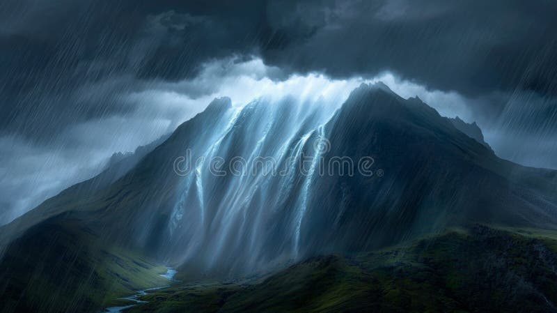 Dramatic Mountain Landscape with Waterfall during Heavy Rainfall and ...