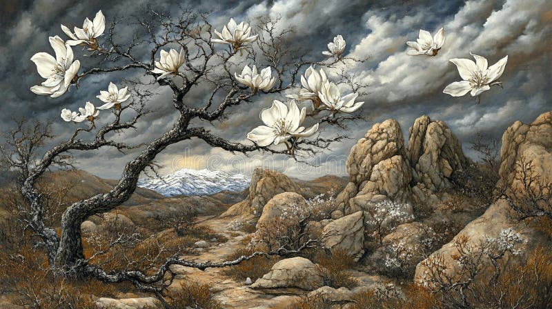 Dramatic Mountain Landscape White Magnolia Blossoms Tree Sky Art Grey ...