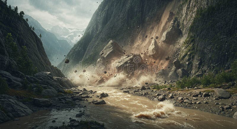 Dramatic Mountain Landslide with Rocks Falling into River during ...
