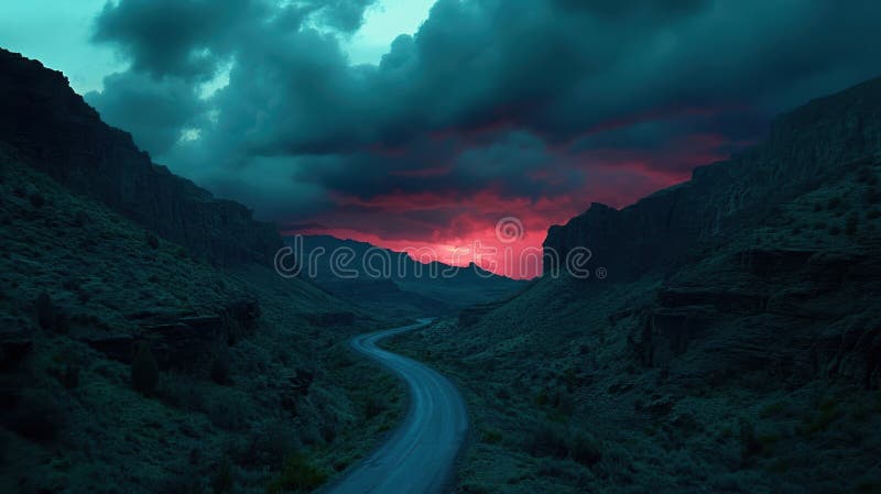 Dramatic Mountain Pass at Sunset with Dark Clouds and Winding Road ...