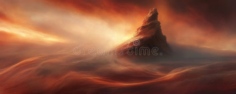 Dramatic Mountain Peak Surrounded by Red Desert Sand and Mist at Sunset ...
