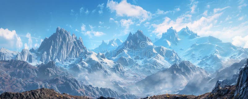 A Dramatic Mountain Range Backdrop with Jagged Peaks and a Clear Blue ...