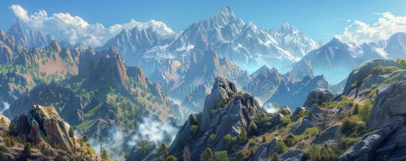 A Dramatic Mountain Range Backdrop with Jagged Peaks and a Clear Blue ...