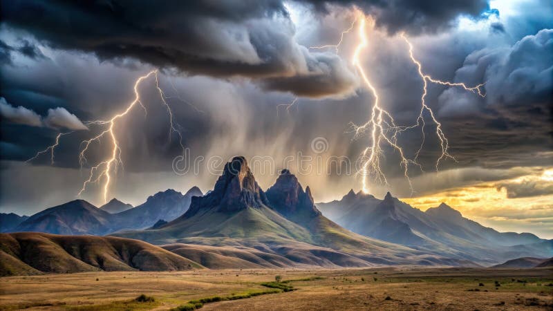 Dramatic Mountain Range Illuminated by Multiple Lightning Strikes ...