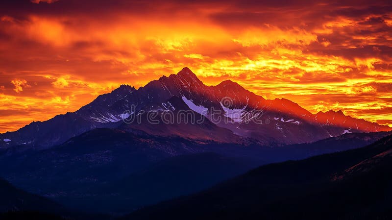 A Dramatic Mountain Range Silhouetted Against a Fiery Sunset. Stock ...