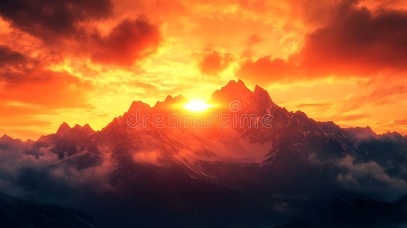 A Dramatic Mountain Range Silhouetted Against a Fiery Sunset. Stock ...