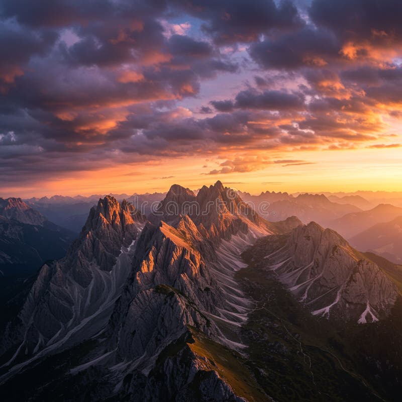 Dramatic Mountain Range at Sunset with Rugged Peaks and Sharp Ridges ...