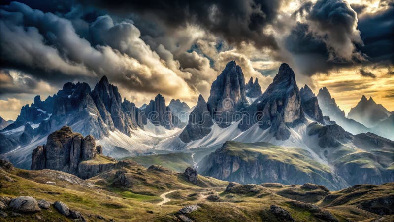 Dramatic Mountain Range at Sunset with a Winding Path. Generative AI ...