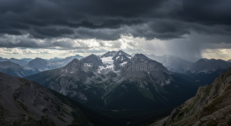A Dramatic Mountain Range Under a Dark, Cloudy Sky with Streaks of ...