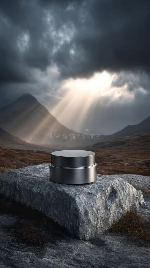 Dramatic Mountain Scene with Metal Cream Jar on Rock, Concept of ...