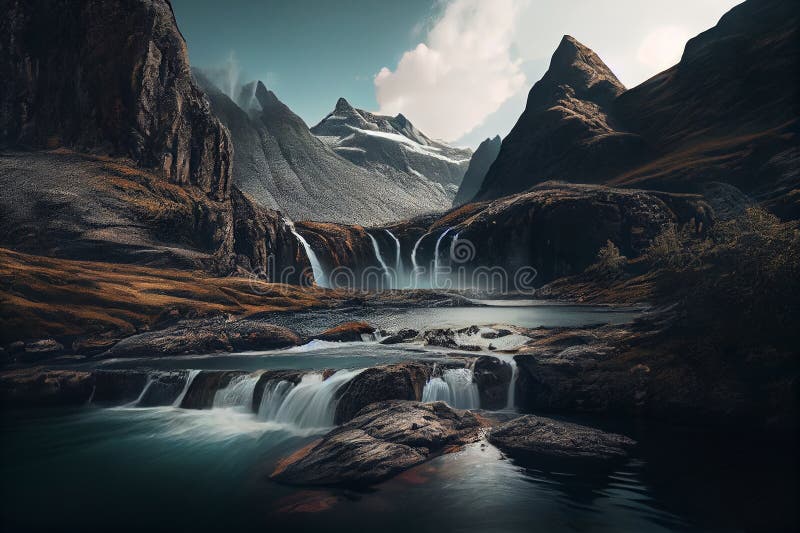 A Dramatic Mountain Scene with Rushing Waterfalls and a Still, Tranquil ...