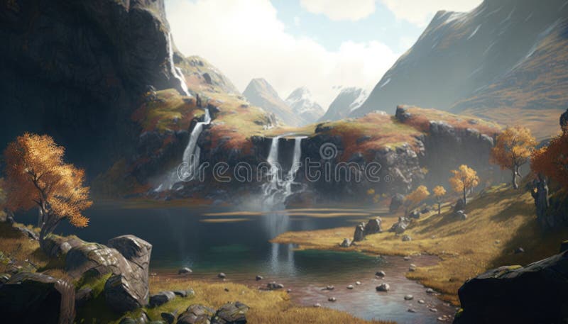 A Dramatic Mountain Scene with Rushing Waterfalls Stock Illustration - Illustration of dramatic ...