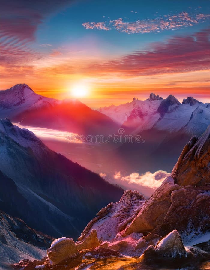 Dramatic Mountain Scenery at Sunset with a Vibrant Sky Stock ...