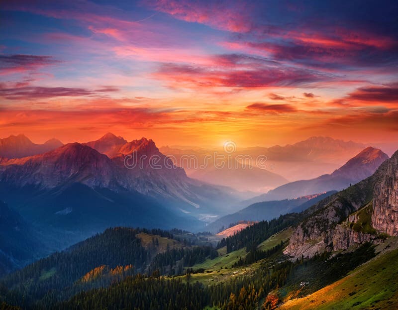 Dramatic Mountain Scenery at Sunset with a Vibrant Sky Stock ...