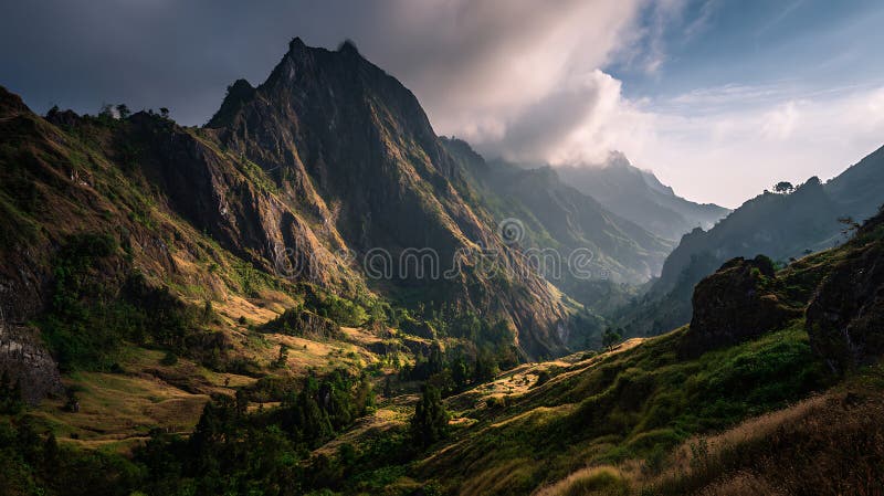 Dramatic Mountain Valley with Golden Light and Fog Stock Illustration ...