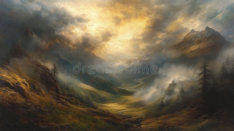 Dramatic Mountain Valley Landscape Painting Mist Sunlight Trees Stock ...