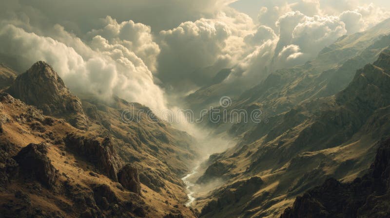 Dramatic Mountain Valley Landscape with River and Clouds Stock Image ...