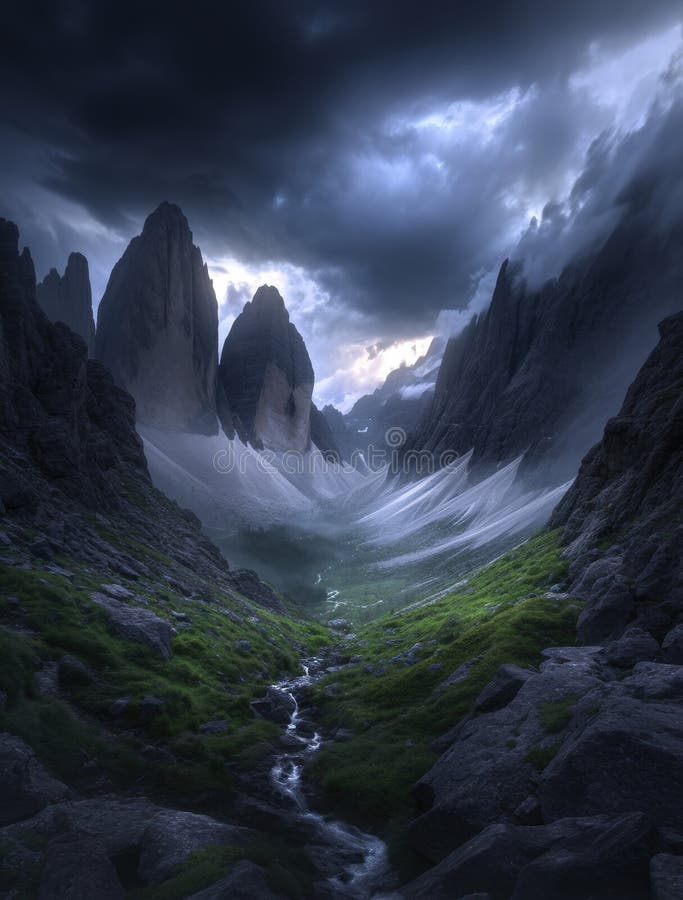 Dramatic Mountain Valley Sunset Stock Illustration - Illustration of ...