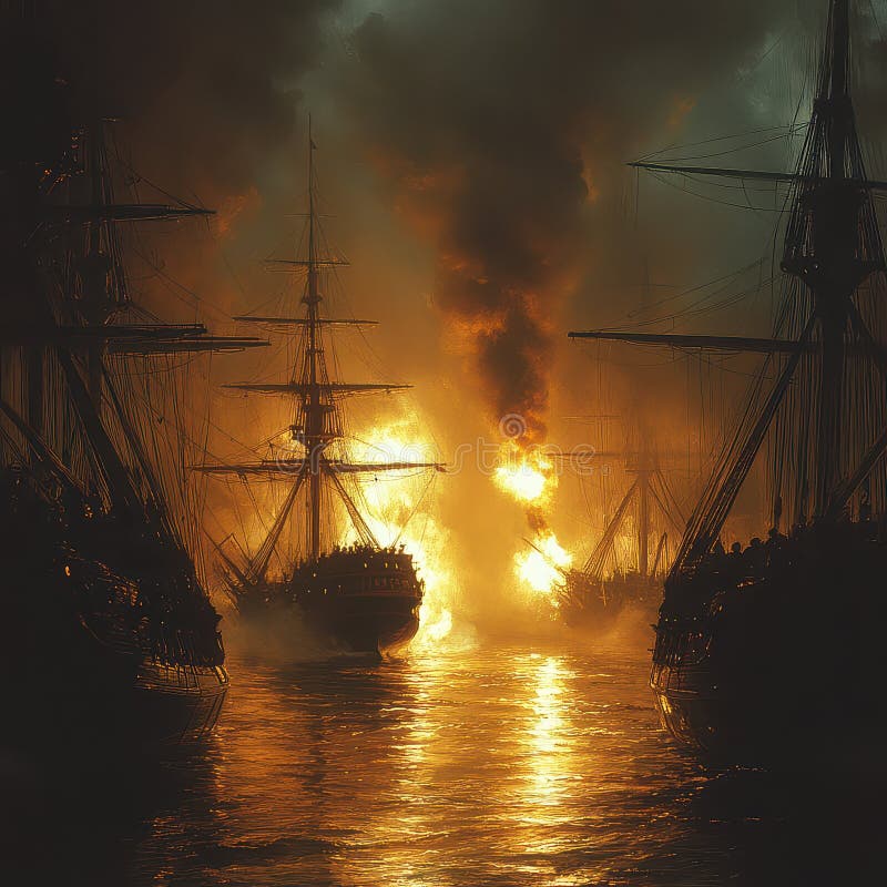 Dramatic Naval Battle Scene with Explosions and Flames at Sunset Stock ...