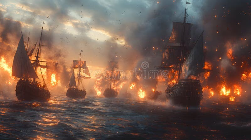 A Dramatic Naval Battle Scene with Ships Engulfed in Flames and Smoke ...
