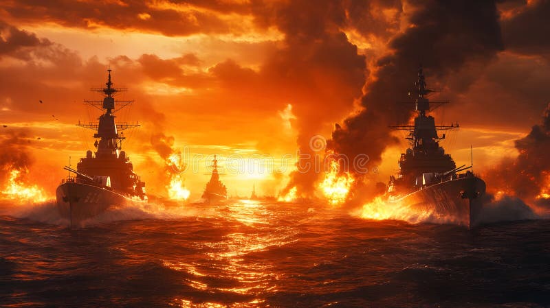 Dramatic Naval Battle Scene at Sunset with Warships and Explosions ...