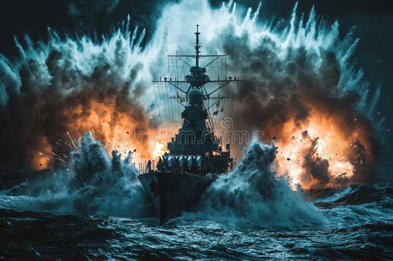 Dramatic Naval Ship Navigating through Explosive Waves in a Stormy Sea ...