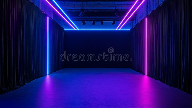 Dramatic Neon Stage Purple Blue Lighting Dark Curtains Empty Space ...