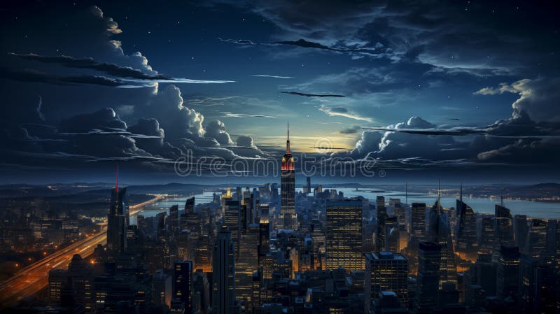 Dramatic Night Cityscape with Illuminated Skyscrapers and Cloudy Sky ...