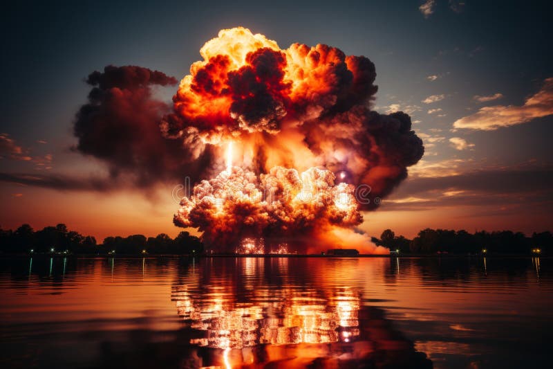 Dramatic Night Cityscape with Nuclear Explosion, Mushroom Cloud, and ...