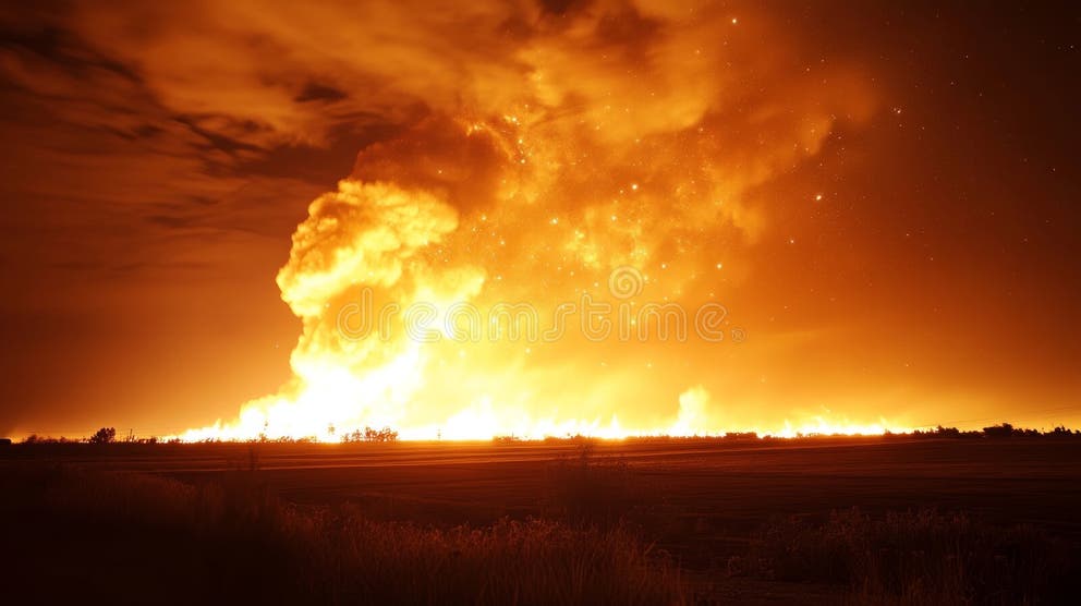 Dramatic Night Explosion Fiery Blast Illuminates the Distant Background ...